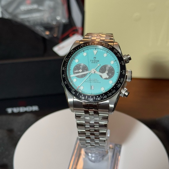 Tudor | Accessories | Tudor Silver And Aqua Chronograph Watch | Poshmark
